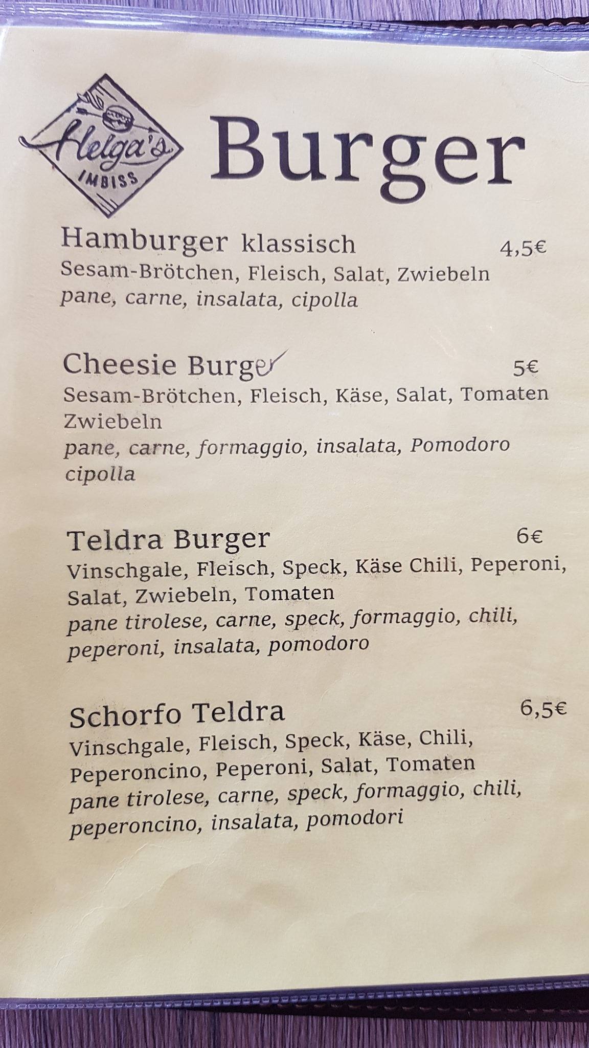 Menu at Helga Imbiss restaurant, Uttenheim