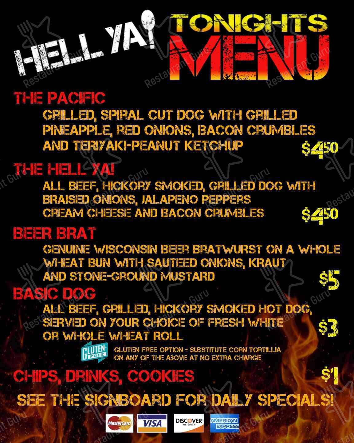Menu at Hell Ya!, Johnson City