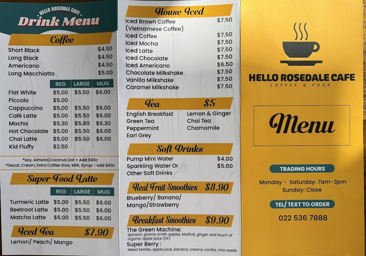 Menu at Hello Rosedale Cafe, Auckland
