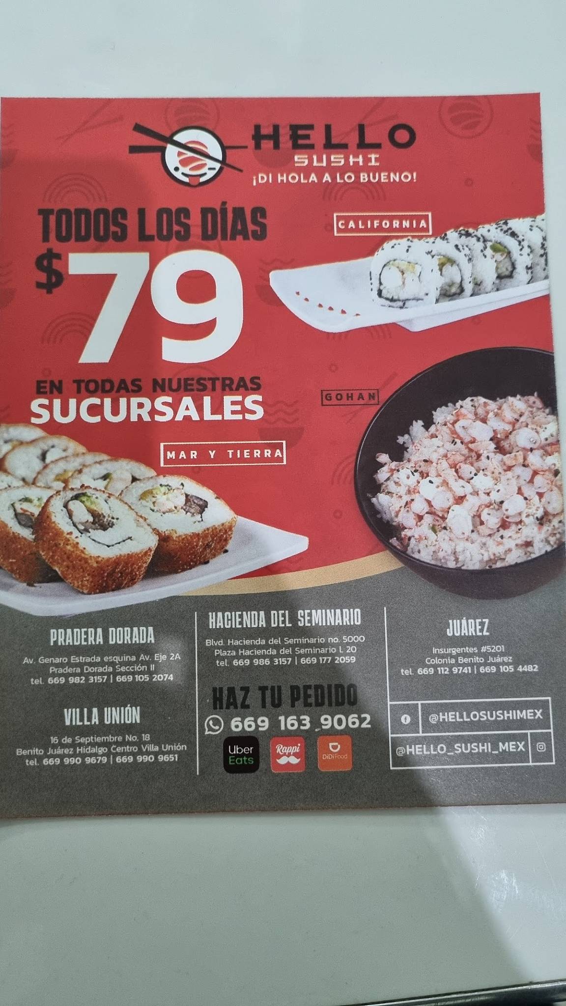Carta del restaurante Hello Sushi Pradera Dorada, Mazatlán