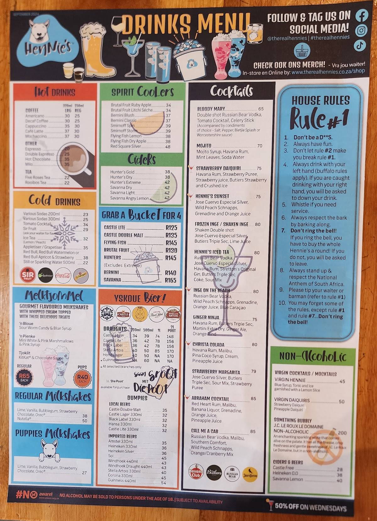 Menu at Hennie's Montana Restaurant, Pretoria