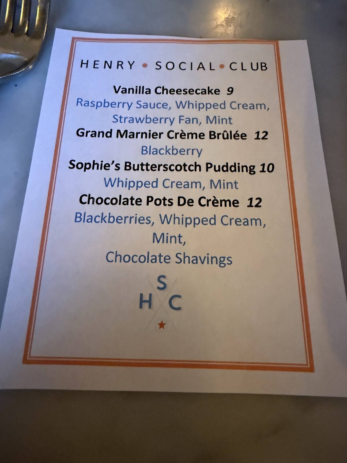 Menu at Henry Social Club, Columbus