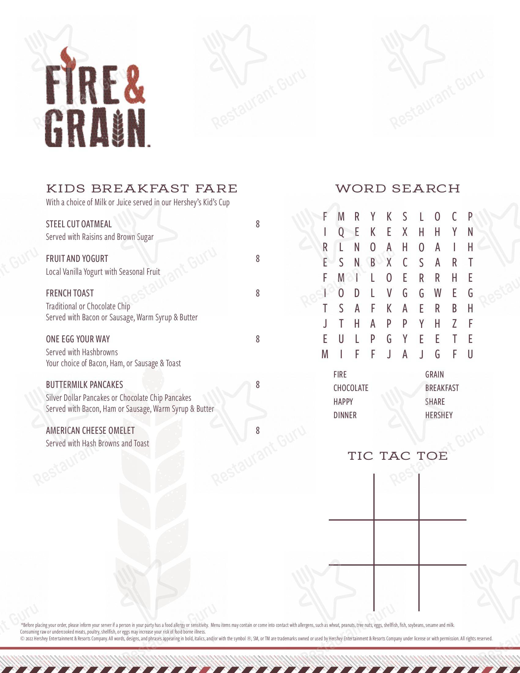 Menu at Fire & Grain at Hershey Lodge restaurant, Hershey