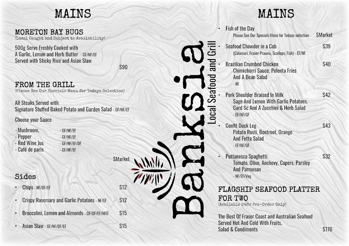 Menu at Banksia Seafood and Grill restaurant, Hervey Bay