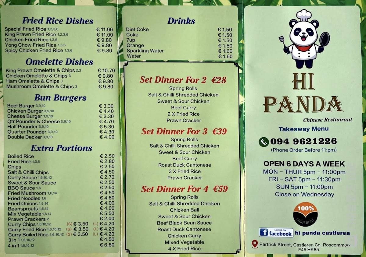 Menu at Hi Panda Castlerea restaurant, Castlerea, St Patrick's St