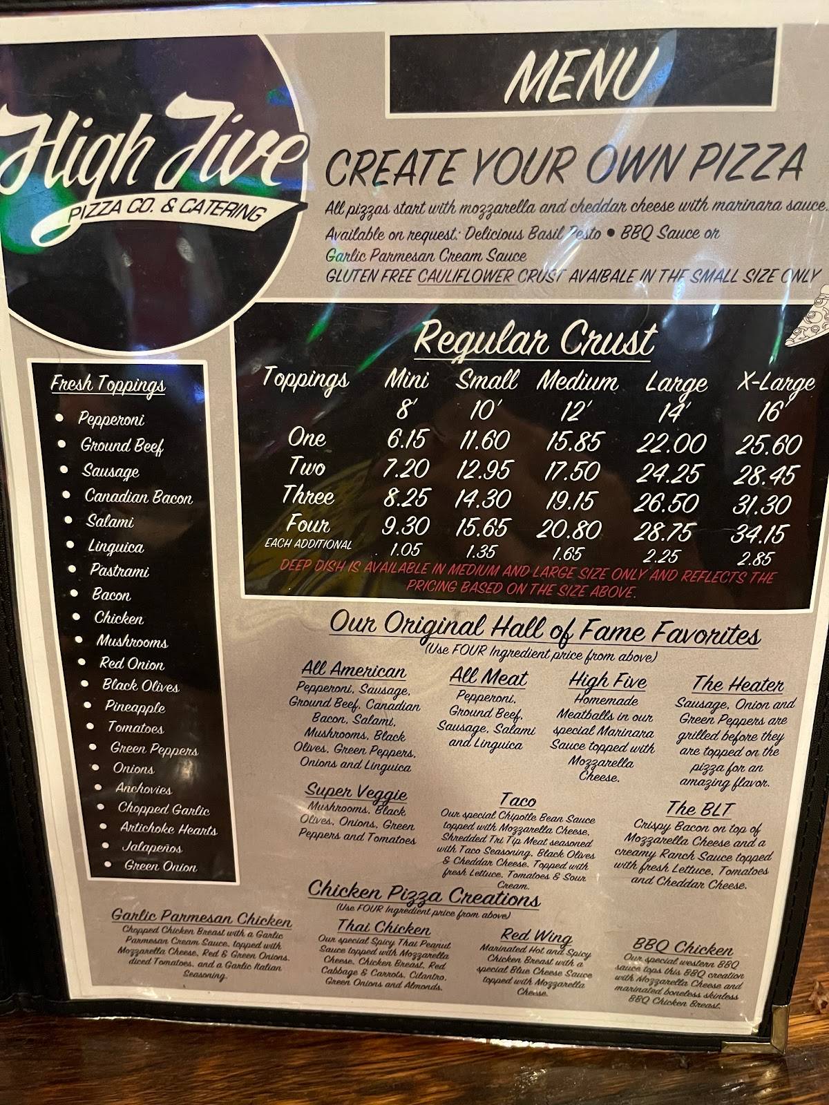 Menu at High Five Pizza BBQ, San Jose, 171 Branham Ln