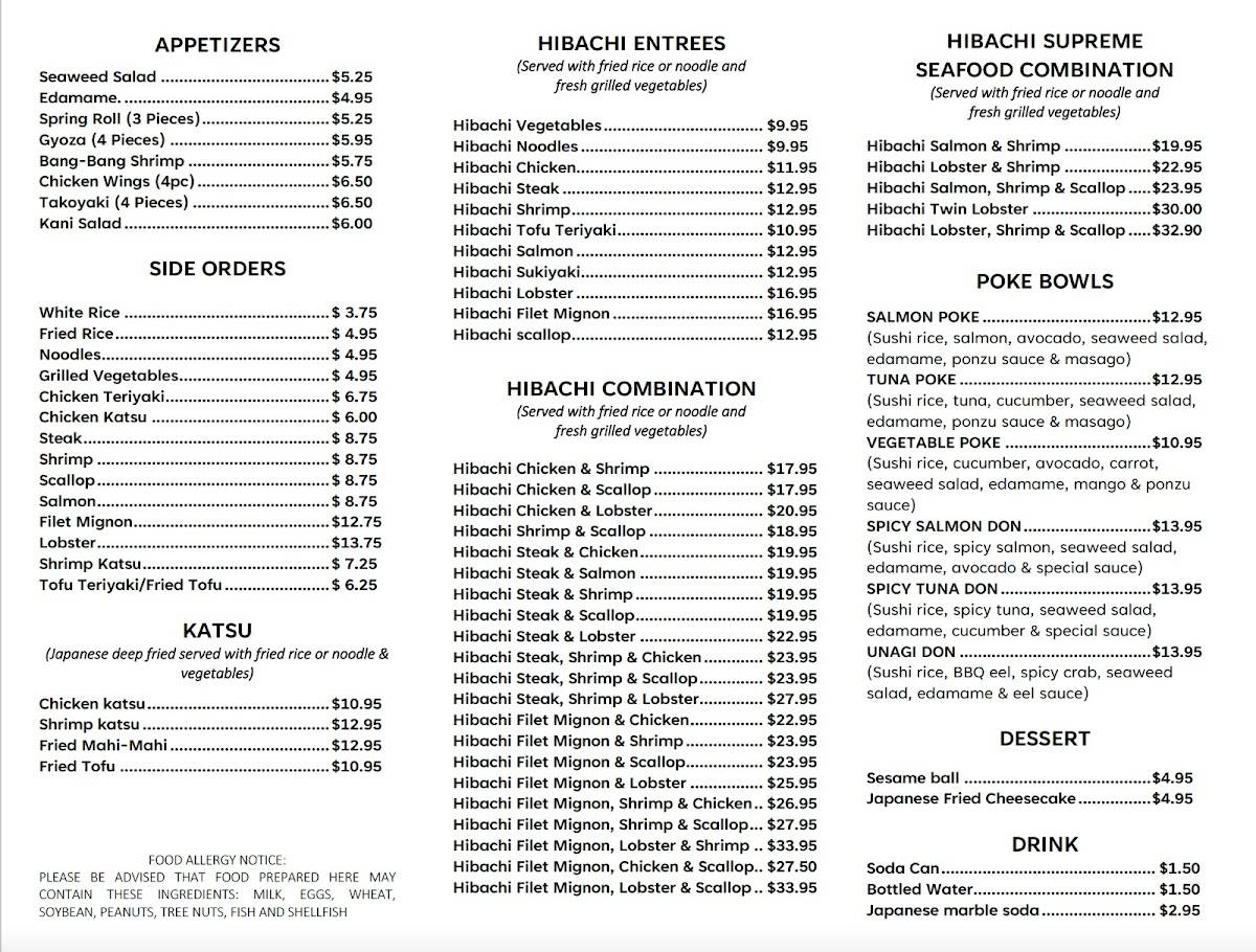 Menu at Hiko Hibachi & Sushi - Japanese Express restaurant, Eldersburg