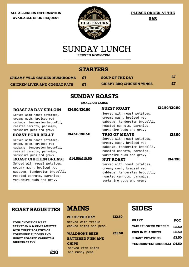 Menu at Hill Tavern pub & bar, Stourbridge