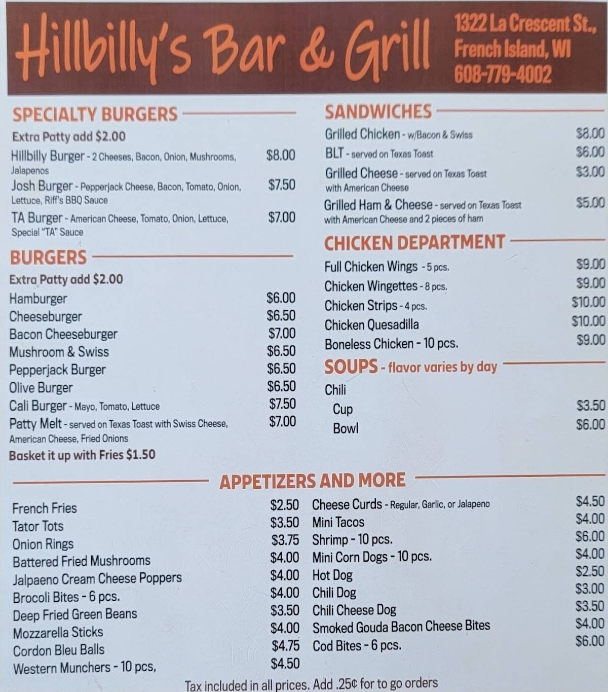 Menu at Hillbilly's Bar & Grill, La Crosse