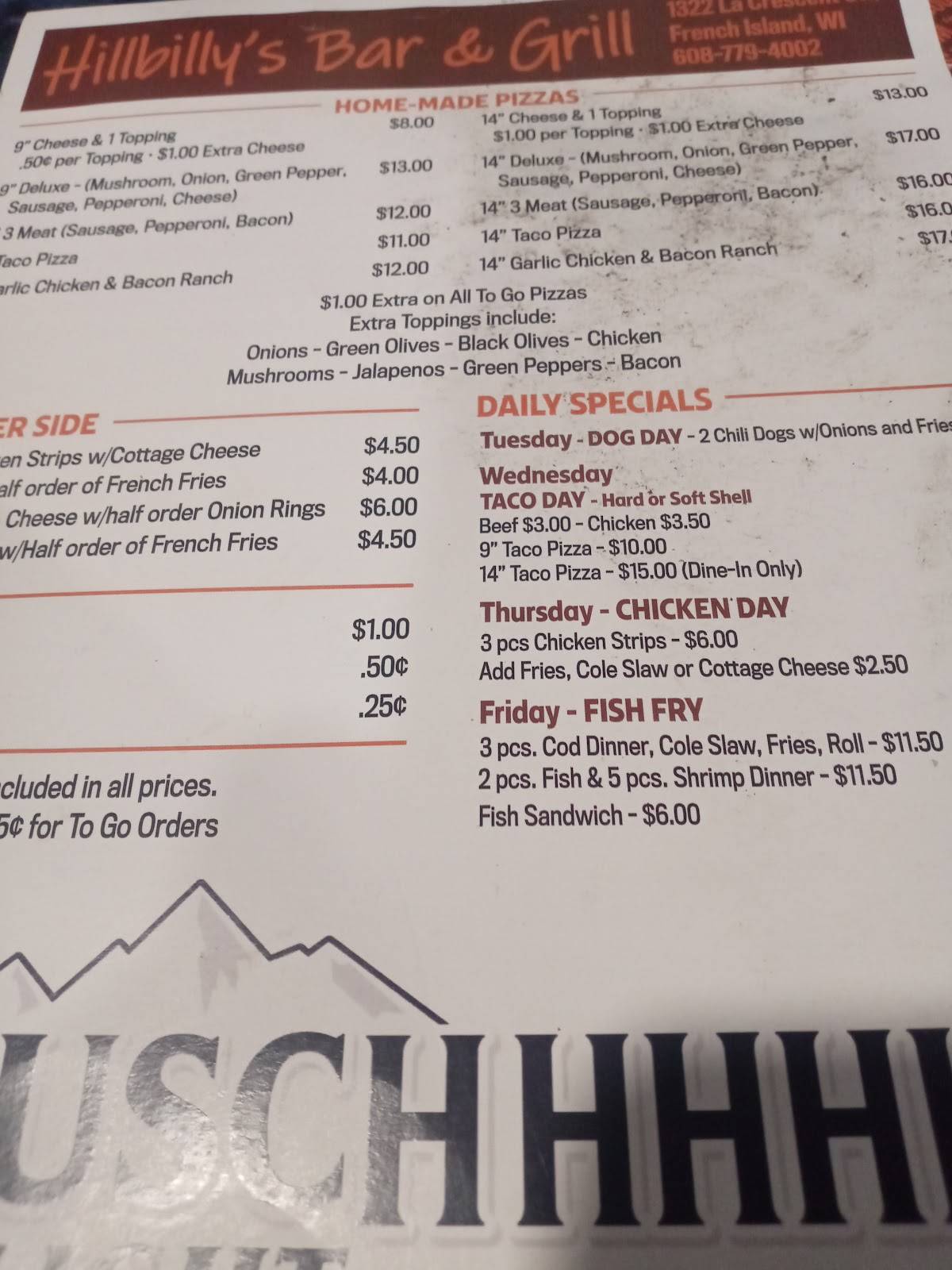 Menu at Hillbilly's Bar & Grill, La Crosse