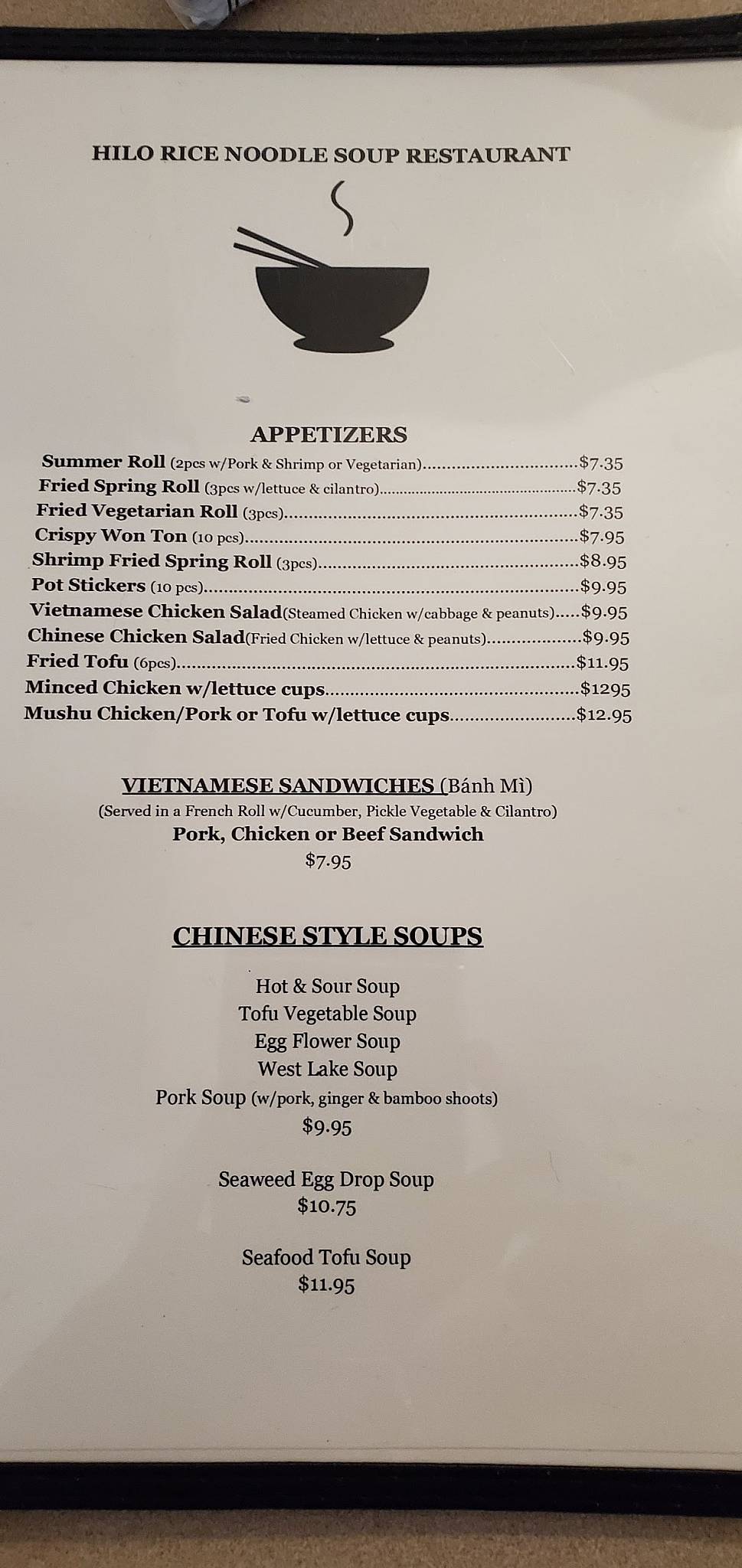 Menu at Hilo Rice Noodle Soup restaurant, Hilo