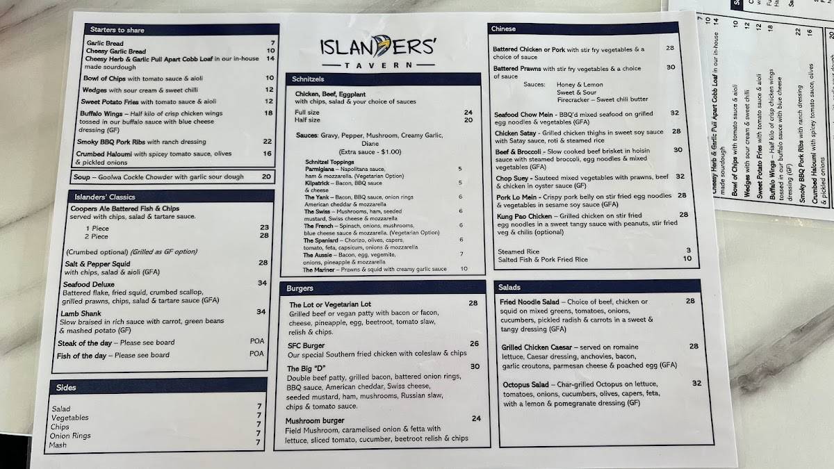 Menu at Islanders' Tavern restaurant, Hindmarsh Island