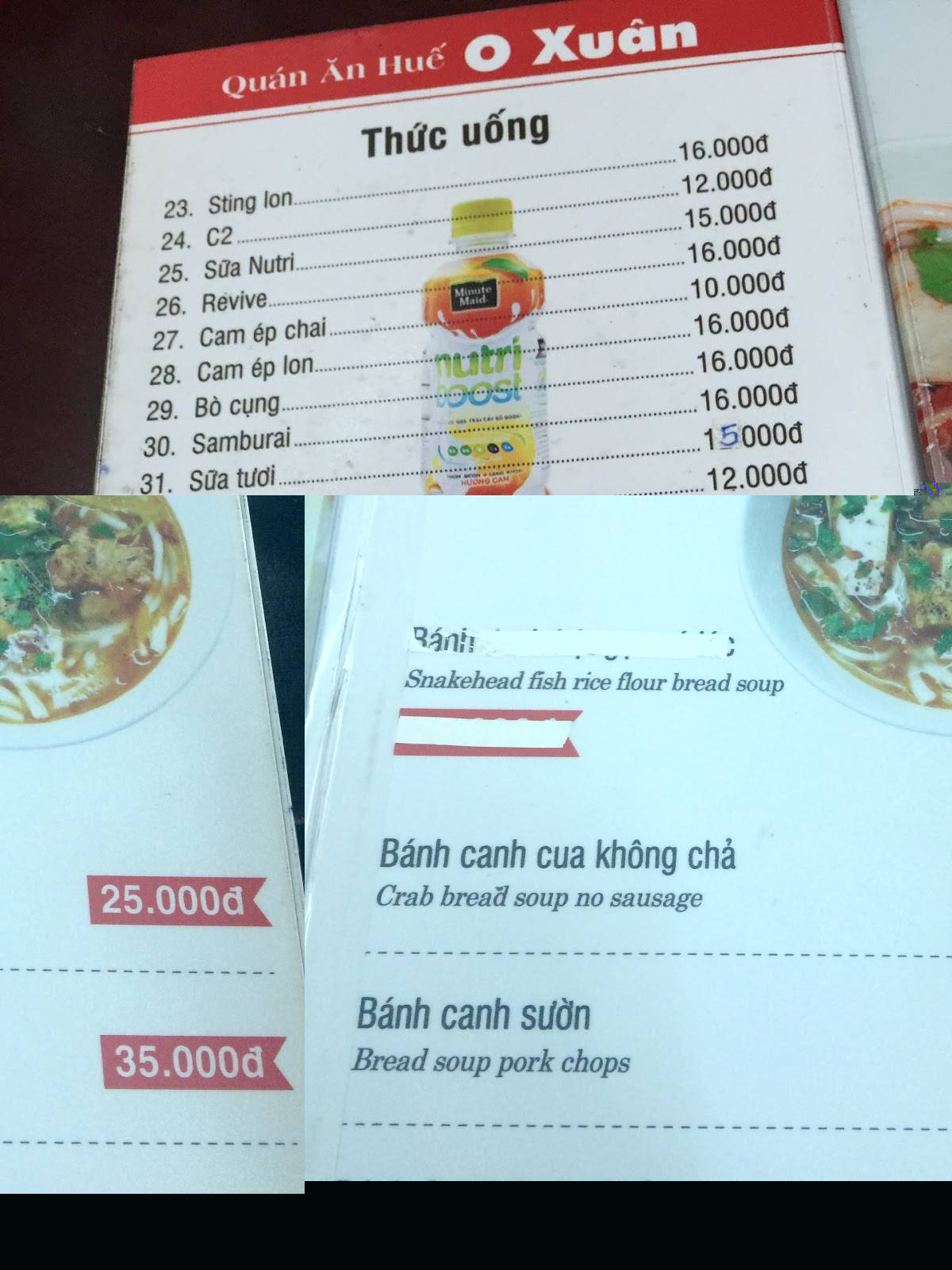 Menu at Quán Ăn Huế O Xuân restaurant, Ho Chi Minh City
