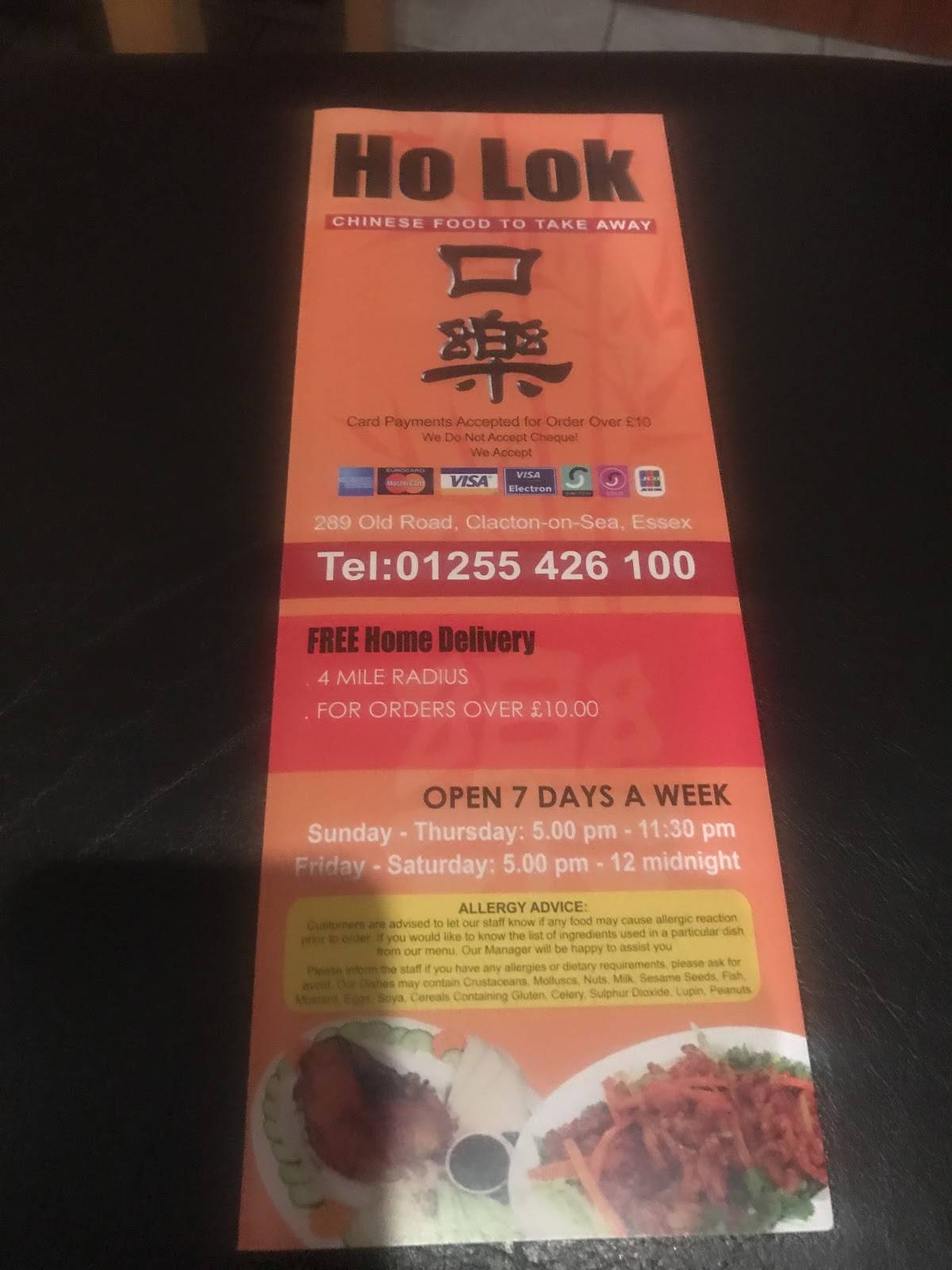 Menu at Ho-Lok fast food, Clacton-on-Sea
