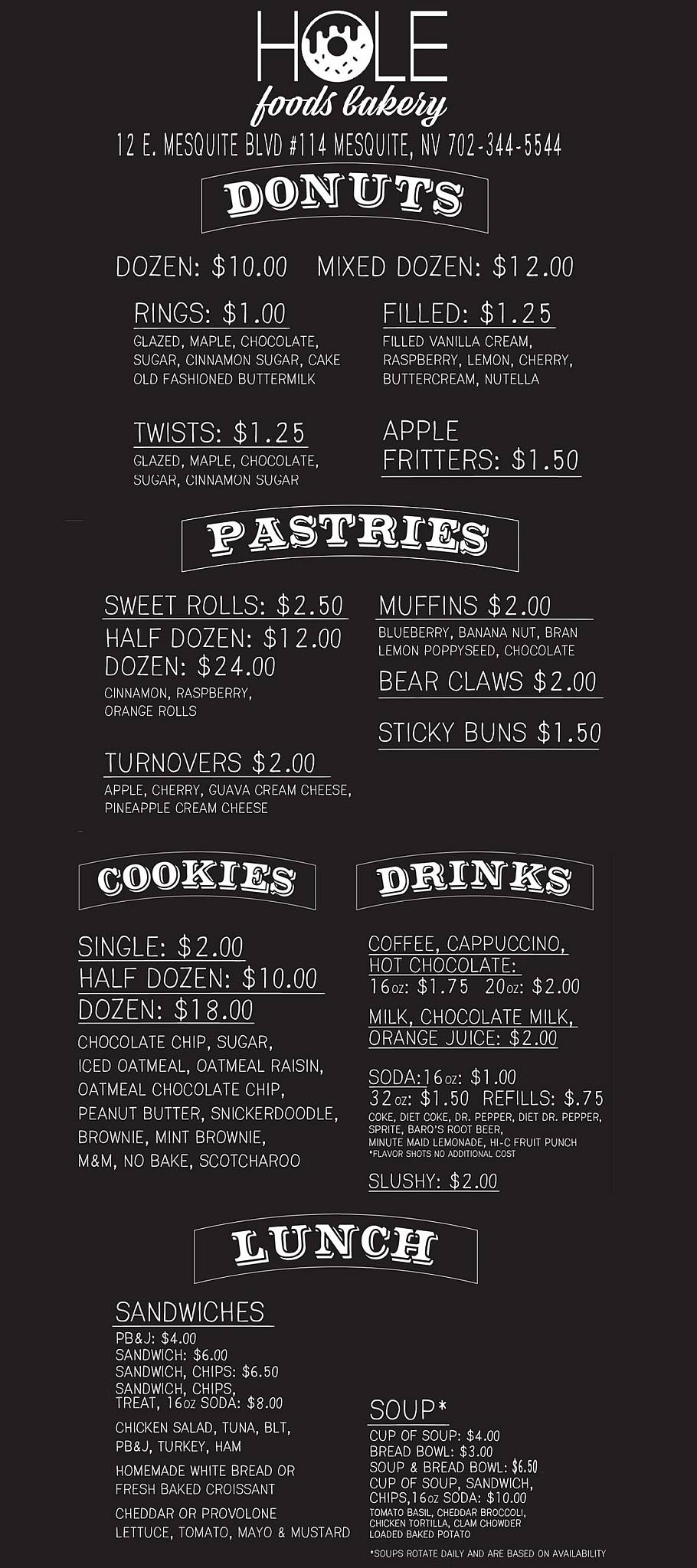 Menu at Hole Foods Bakery, Mesquite
