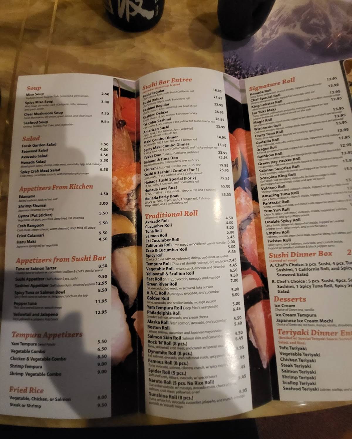 Menu at Honada Sushi & Hibachi restaurant, Kenosha