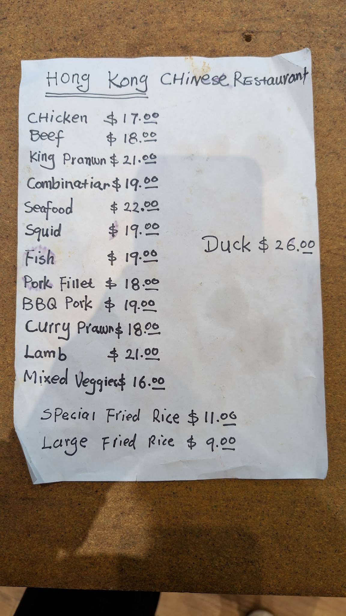 Menu at Hong Kong Chinese Restaurant, Kempsey