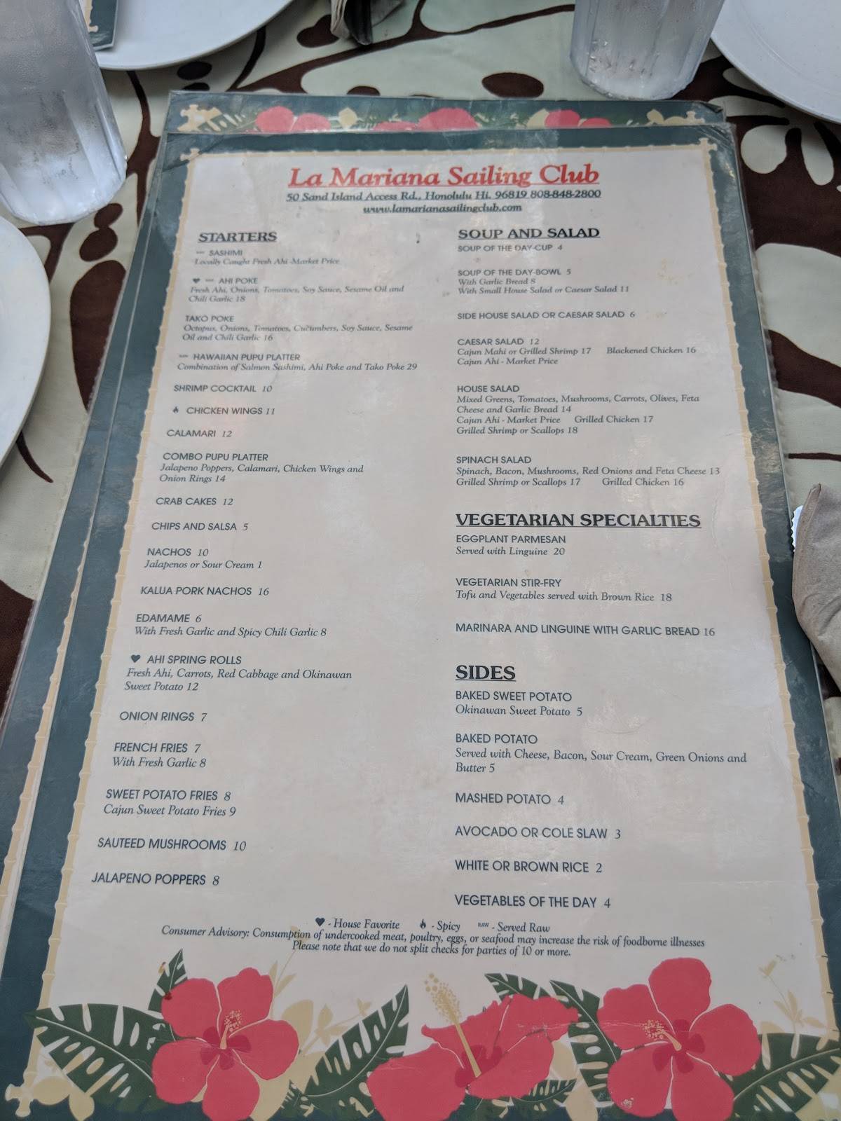 Menu at La Mariana Sailing Club, Honolulu, 50 Sand Island Access Rd