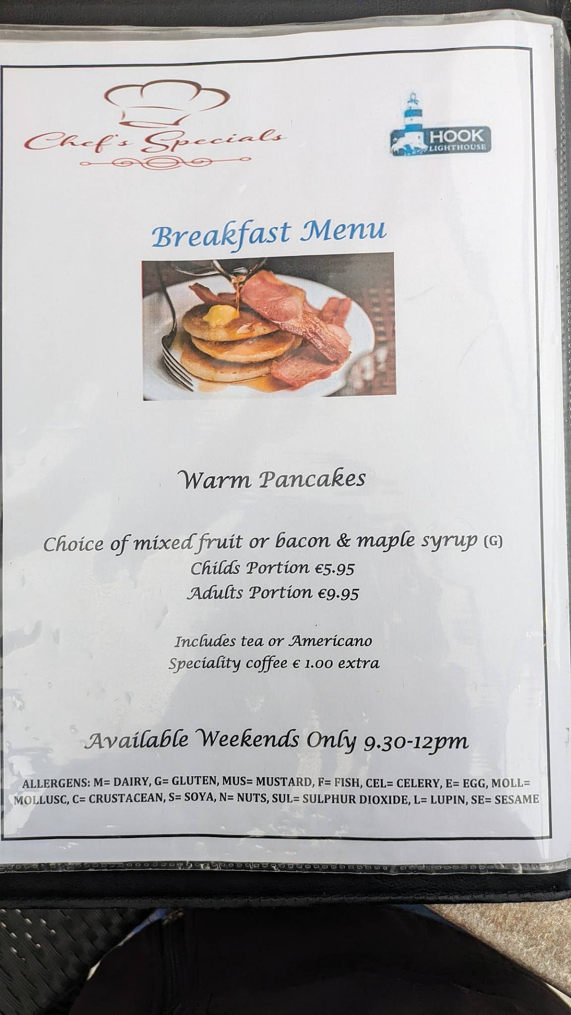 Menu at Hook Lighthouse Cafe, Ireland