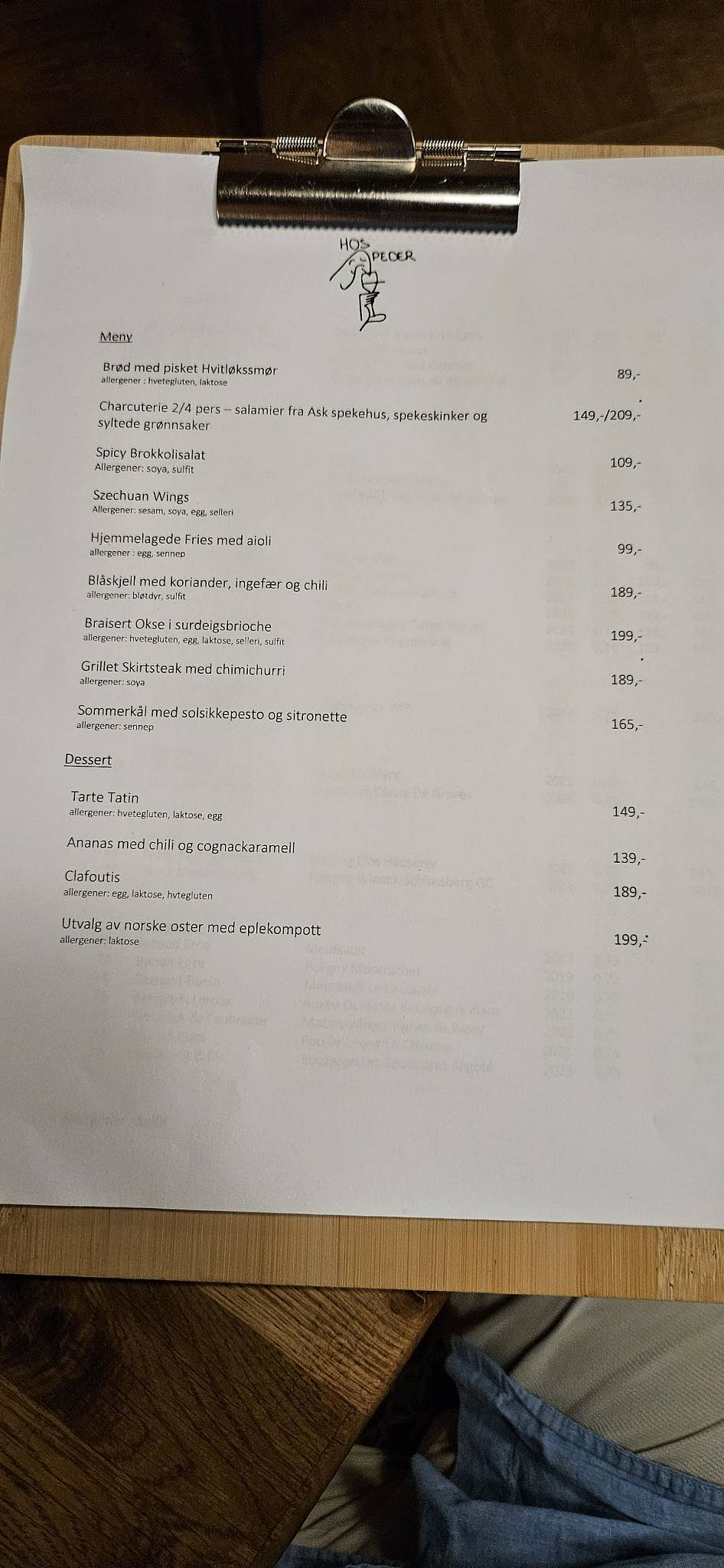 Menu at Hos Peder restaurant, Oslo