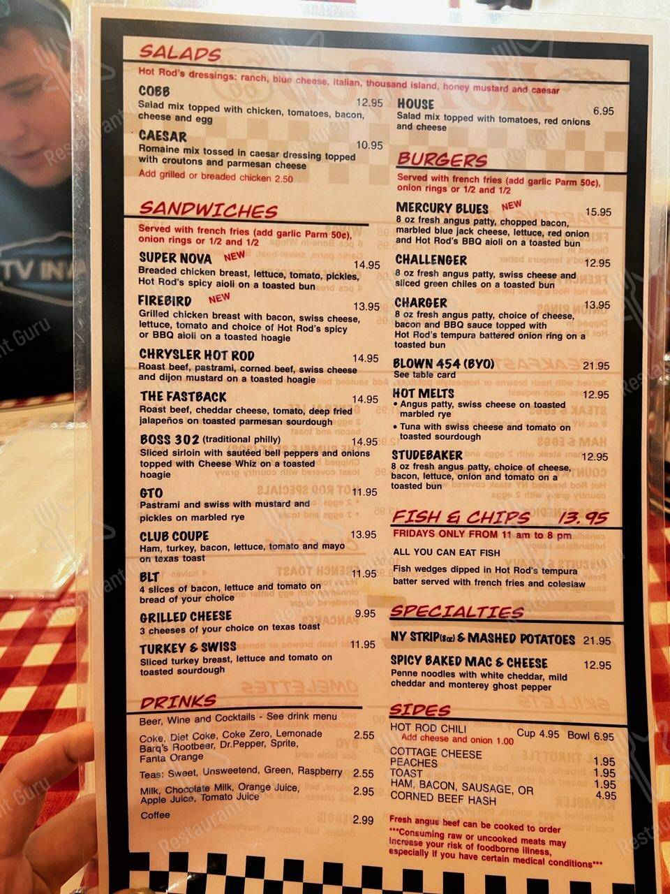 Menu at Hot Rod Cafe, Kingman