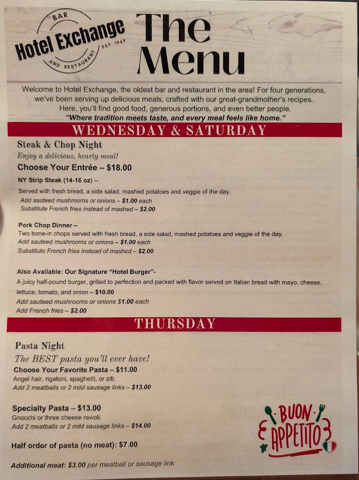 Menu at Hotel Exchange pub & bar, Geneva