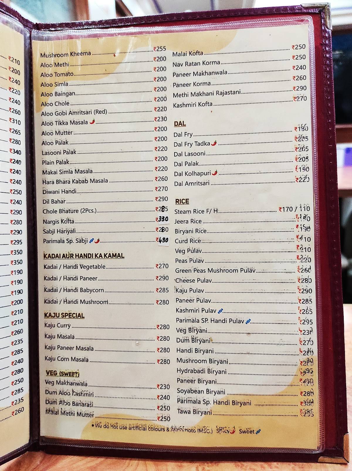 Menu at Hotel Parimala, Thane