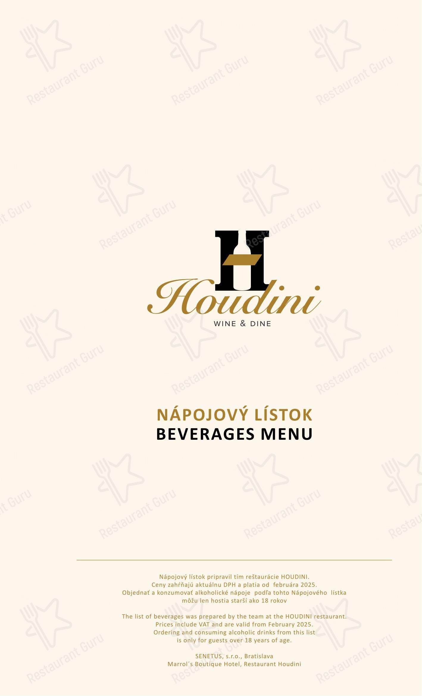 Menu at Houdini Restaurant, Bratislava