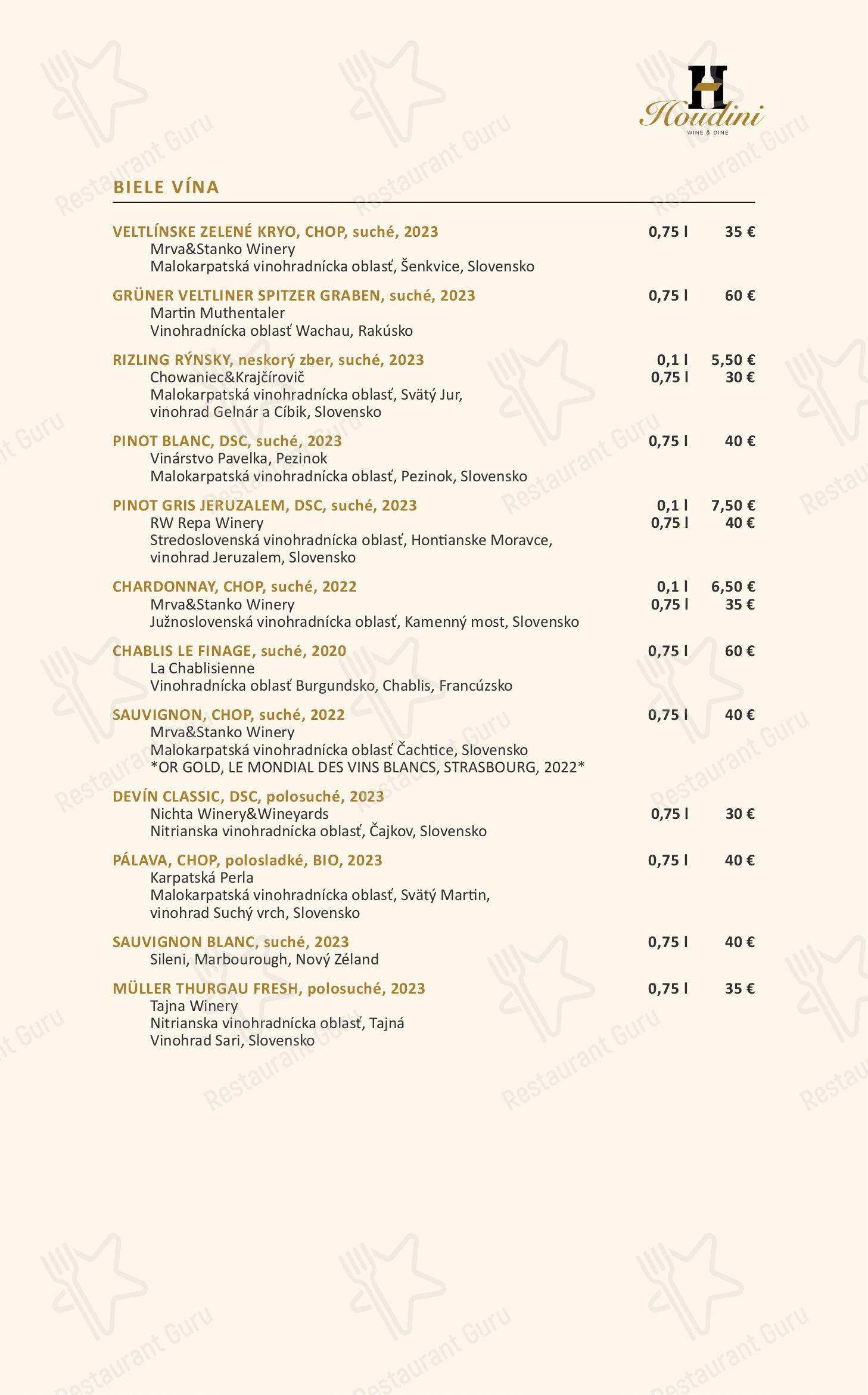 Menu at Houdini Restaurant, Bratislava