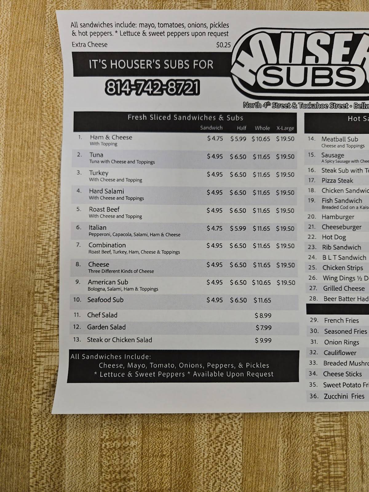 Menu at Houser Subs restaurant, Bellwood