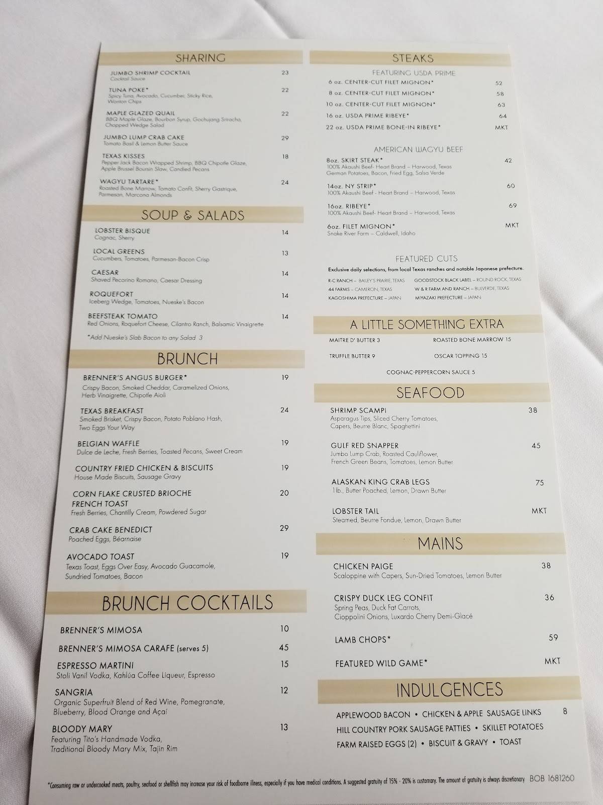 Menu at Brenner's on the Bayou steakhouse, Houston, 1 Birdsall St