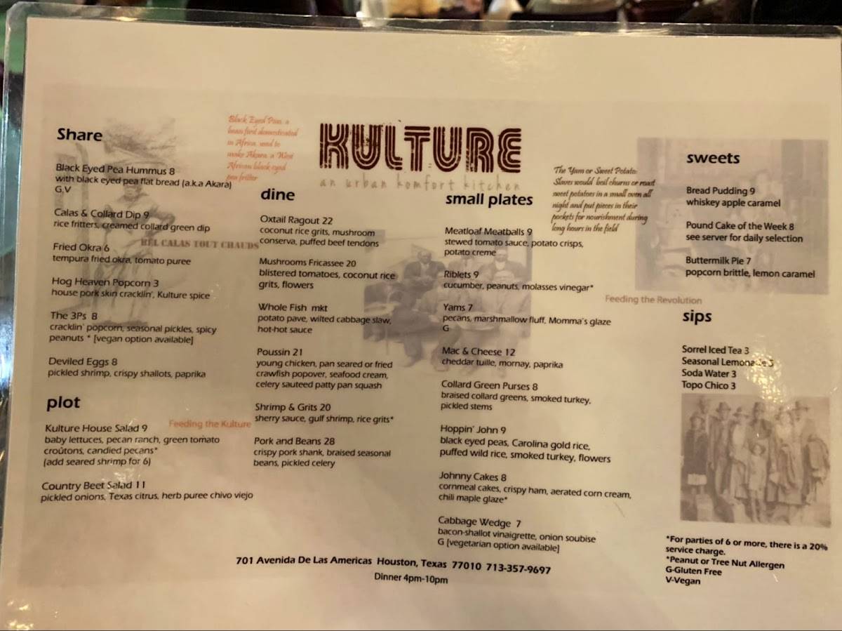 Menu at Kulture restaurant, Houston