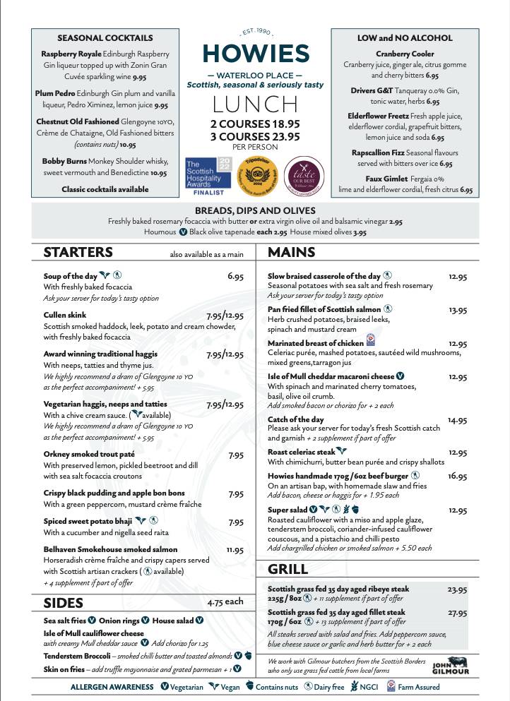 Menu at Howies Restaurant Waterloo Place, Edinburgh, Waterloo Place