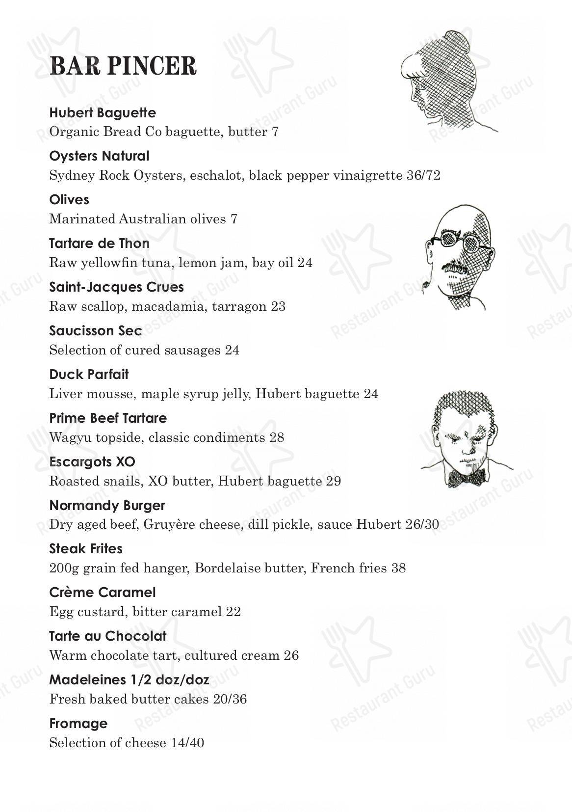 Menu at Restaurant Hubert, Sydney