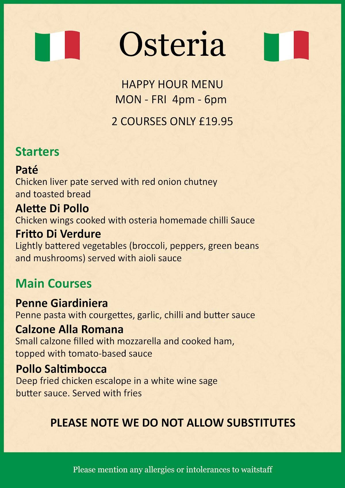 Menu at Osteria Italian Restaurant, Hull