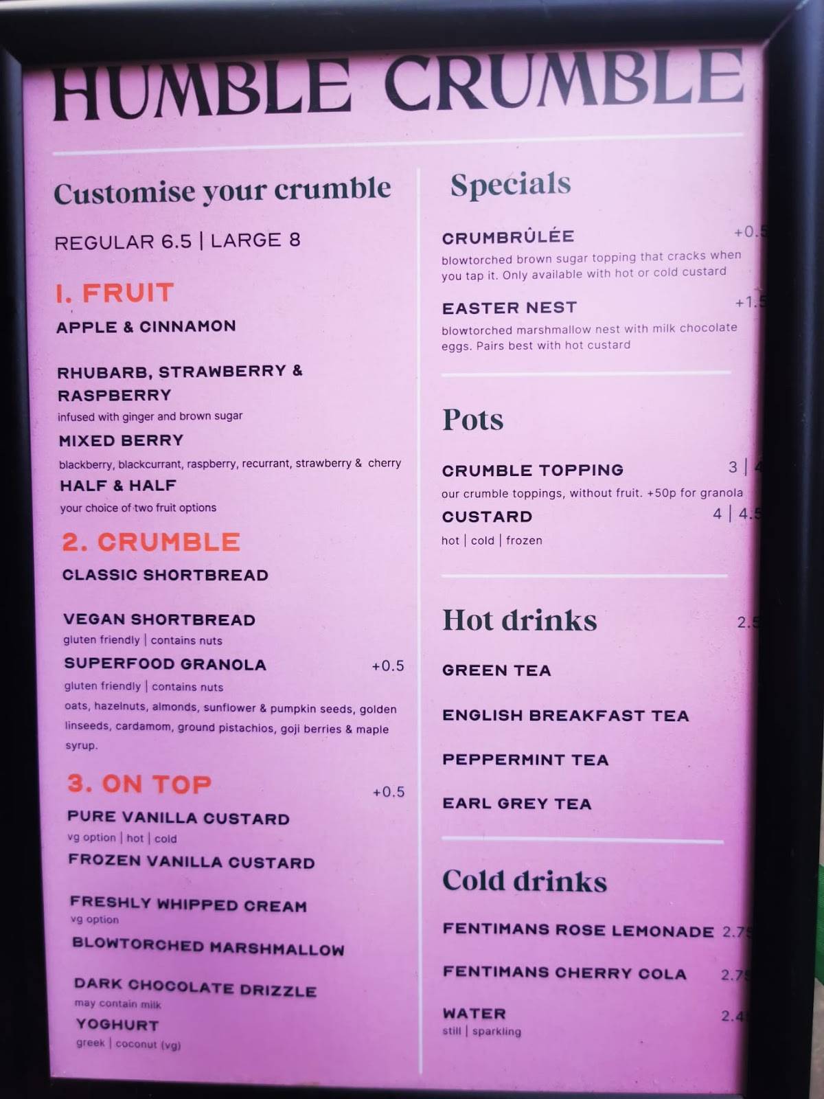 Menu at Humble Crumble restaurant, London, Old Spitalfields Market