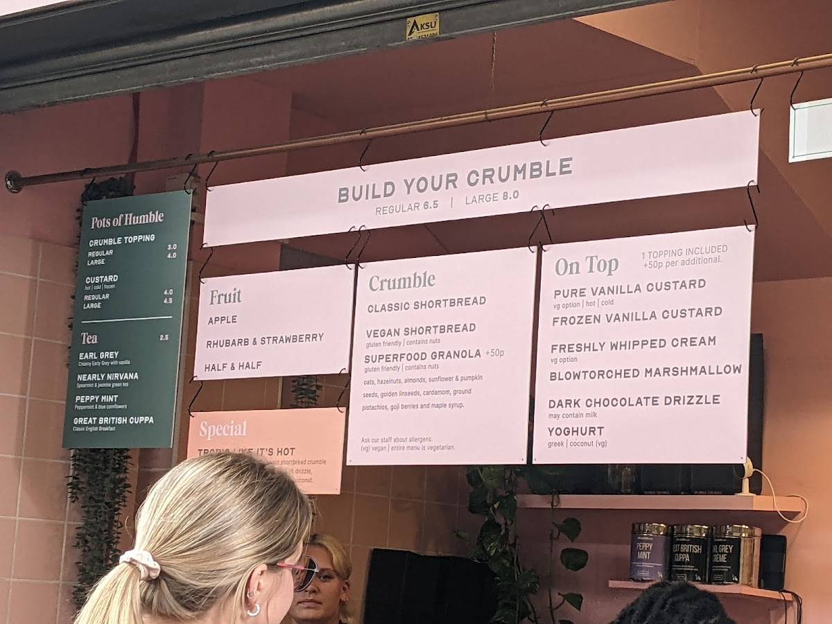 Menu at Humble Crumble restaurant, London, Old Spitalfields Market