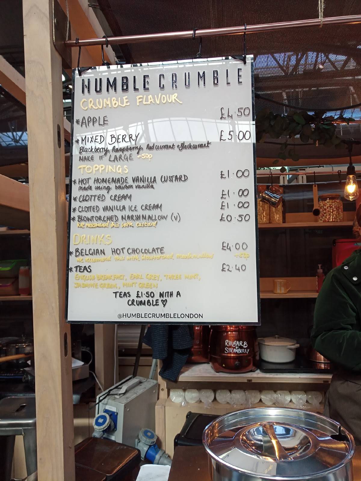 Menu at Humble Crumble restaurant, London, Old Spitalfields Market