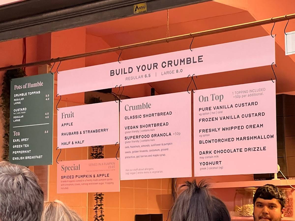 Menu at Humble Crumble restaurant, London, Old Spitalfields Market