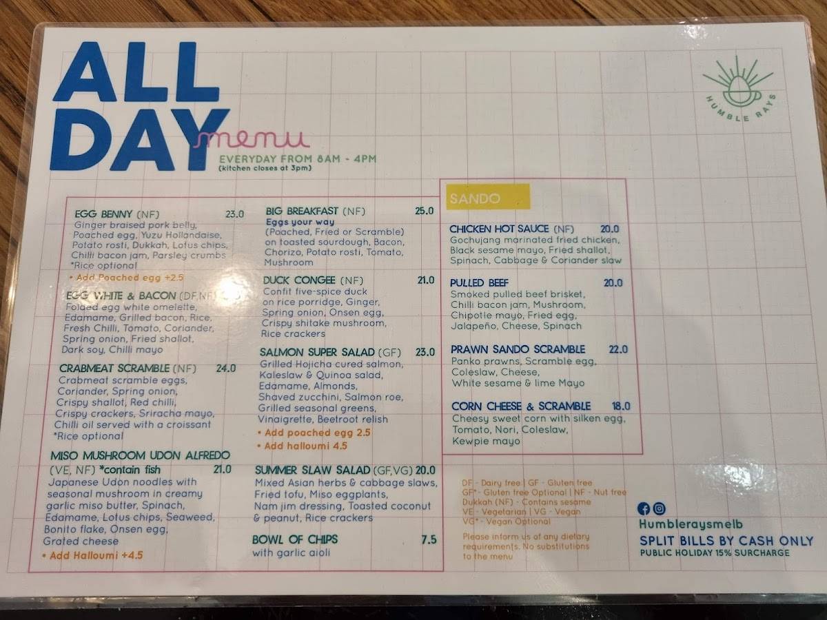 Menu at Humble Rays cafe, Carlton