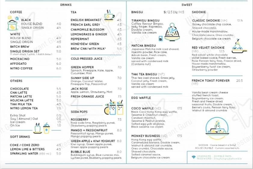 Menu at Humble Rays cafe, Carlton