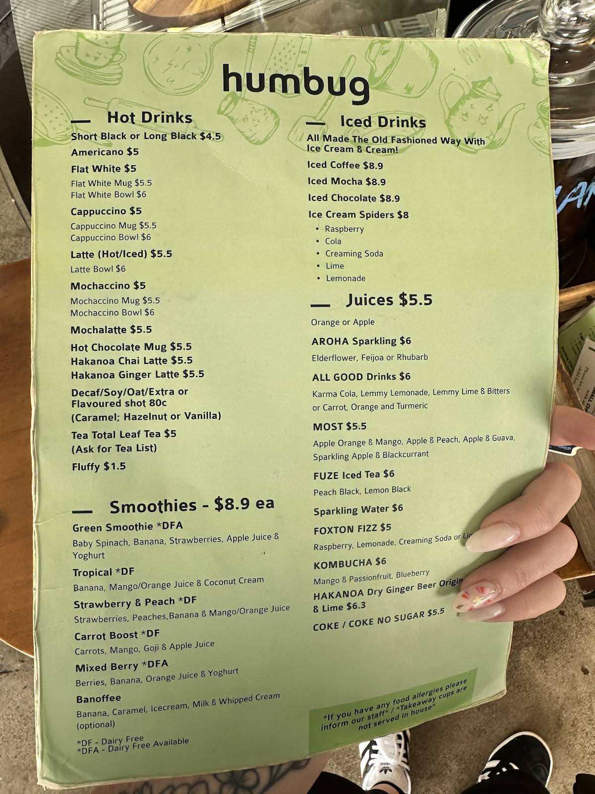 Menu at Humbug Cafe, Auckland