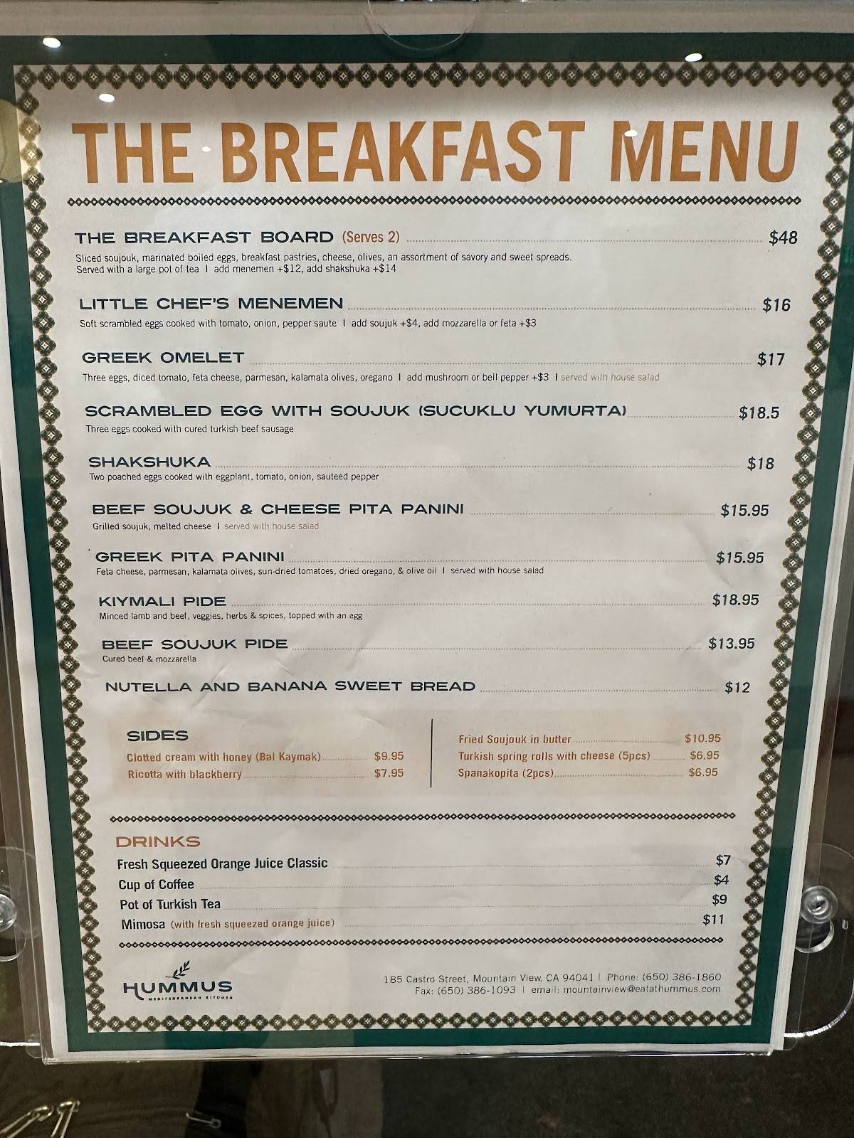 Menu at Hummus Mediterranean Kitchen restaurant, Mountain View
