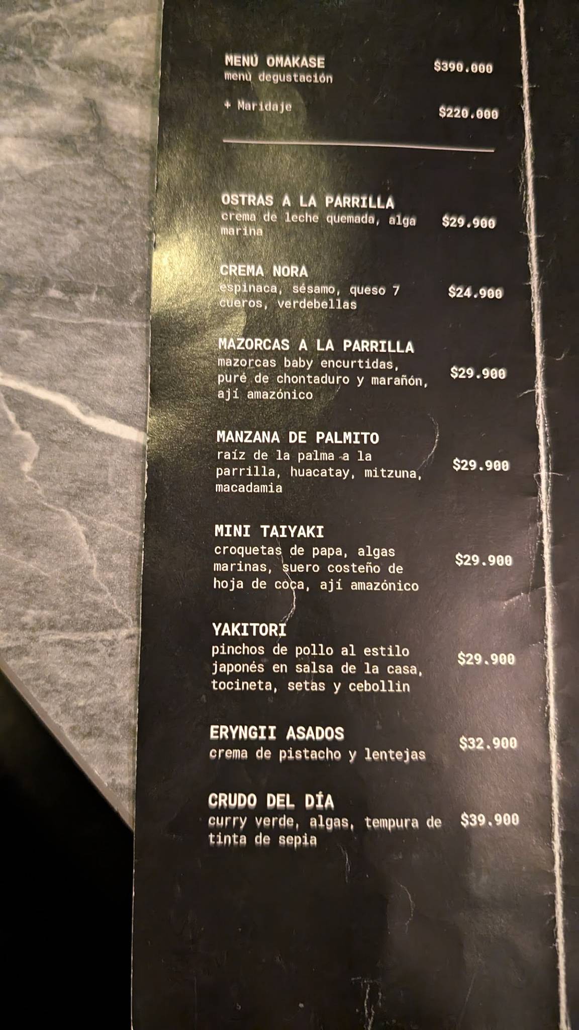 Carta del restaurante Humo Negro, Bogotá, Cra. 5 #56-06