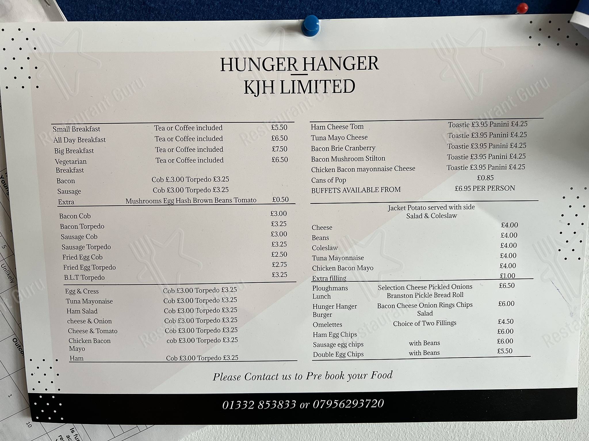 Menu at Hunger Hanger cafe, Derby