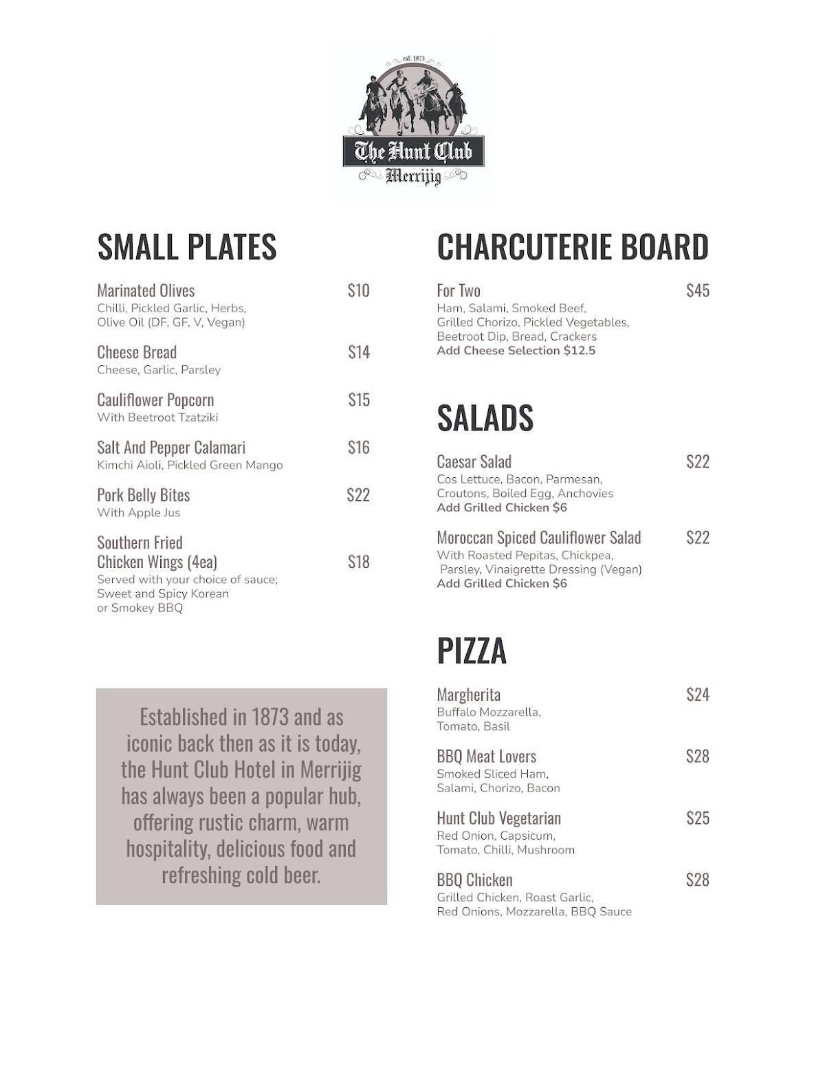 Menu at Hunt Club Hotel, Merrijig