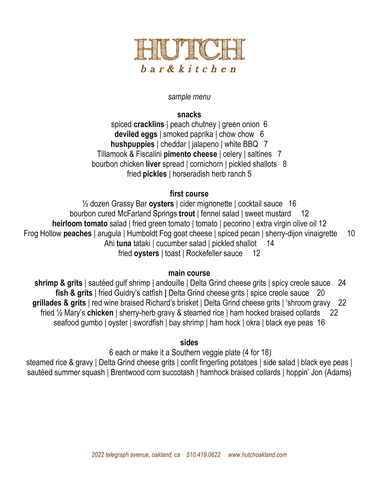 Menu at Hutch Bar & Kitchen, Oakland