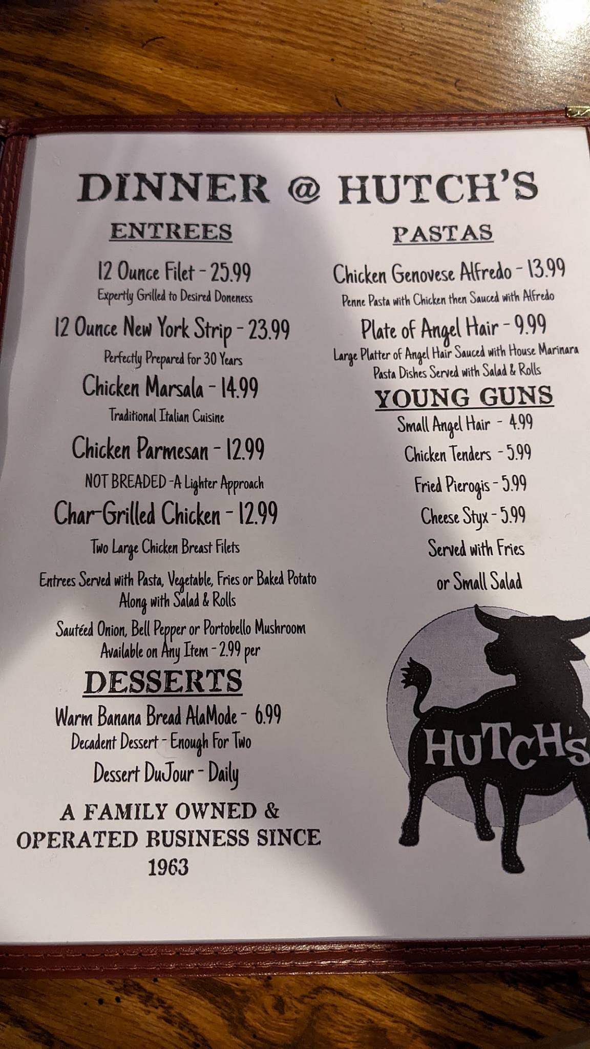 Menu at Hutch's Tap Room steakhouse, Dunbar
