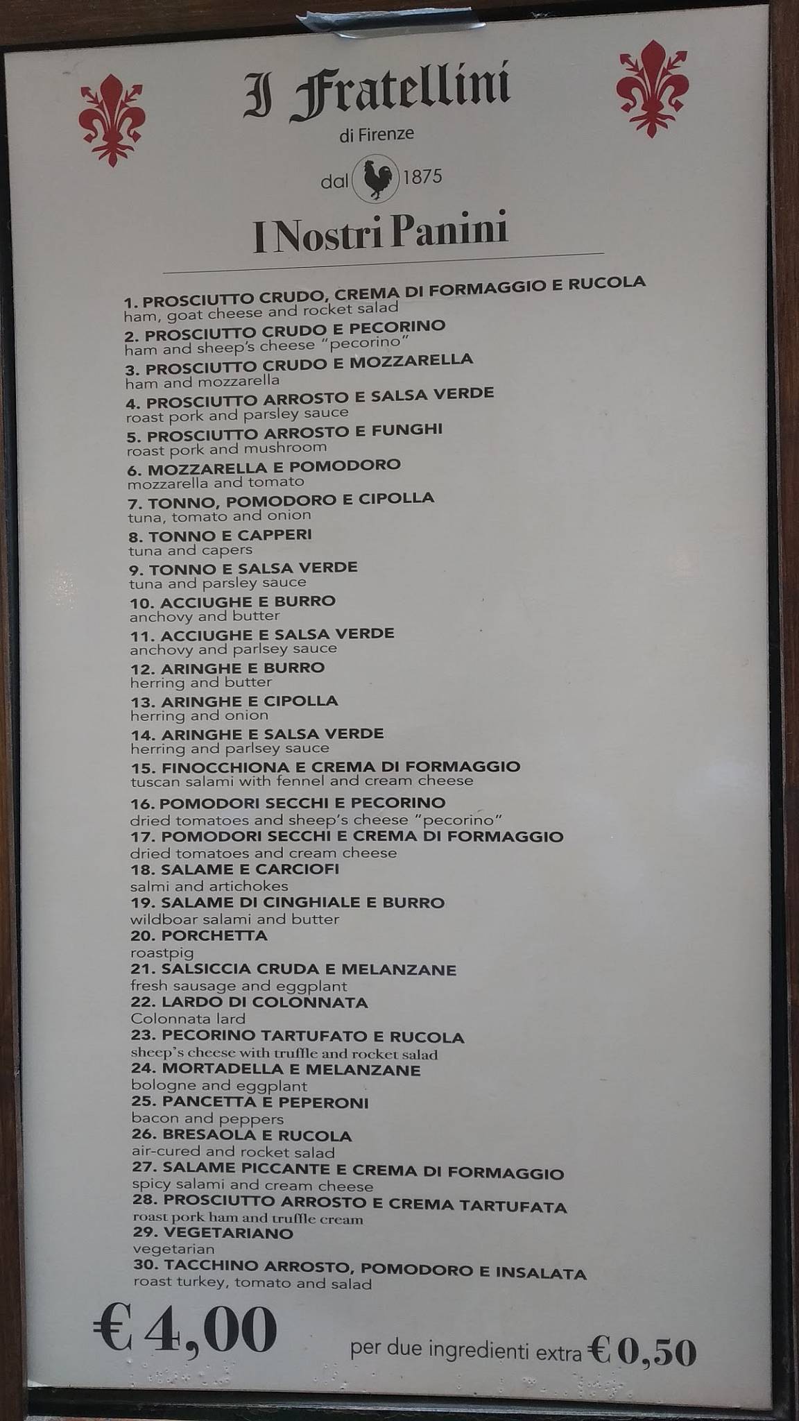 Menu da I Fratellini | Panini e Schiacciate dal 1875 pub & bar, Firenze