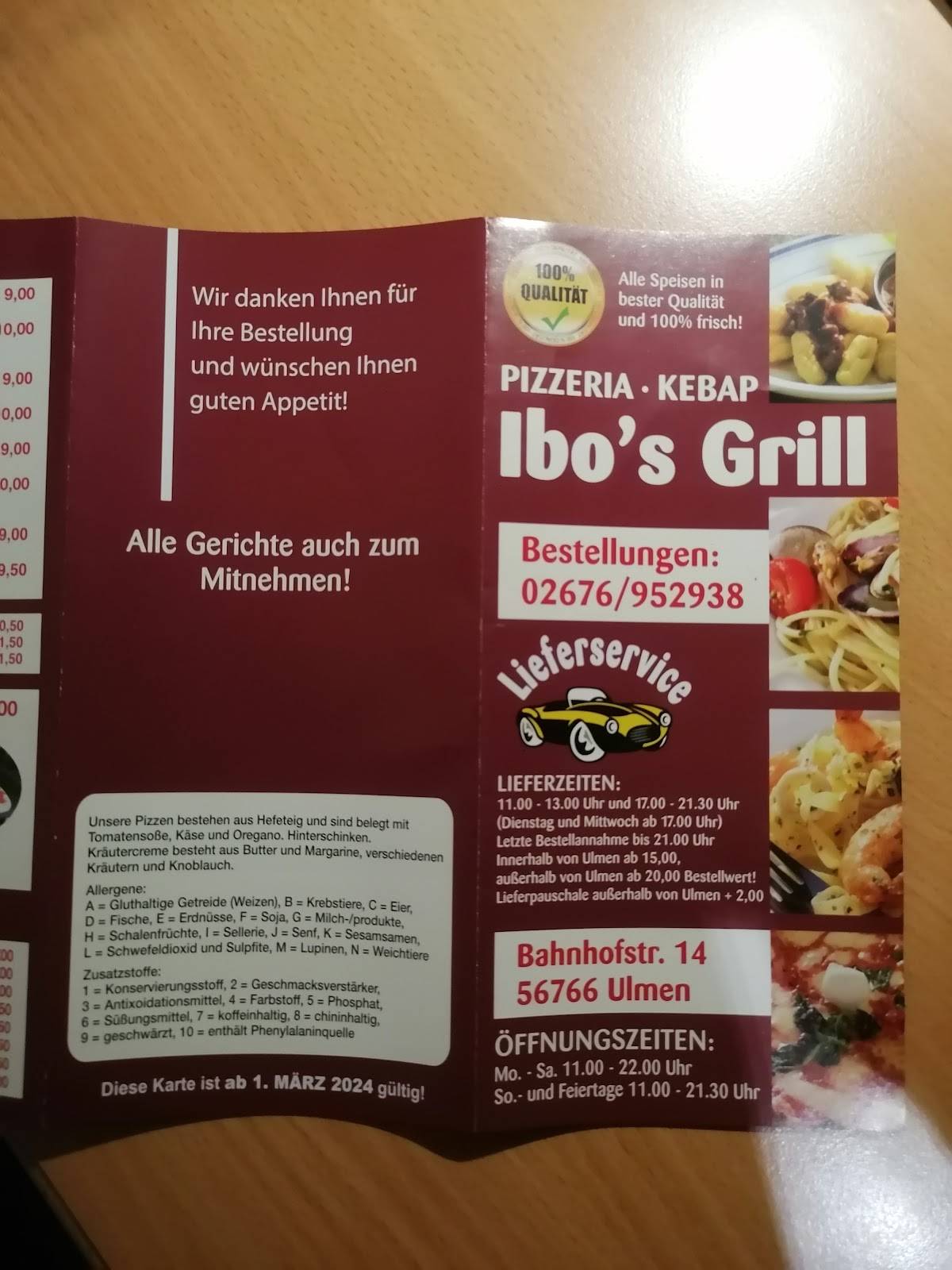 Speisekarte von Ibo‘s Grill pizza, Ulmen